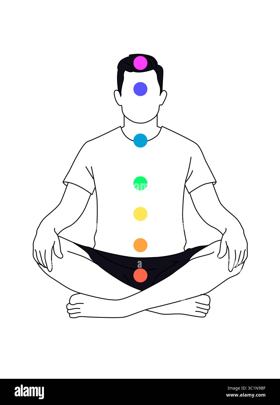 Chakras location in body. Silhouette of man in Lotus position on white ...