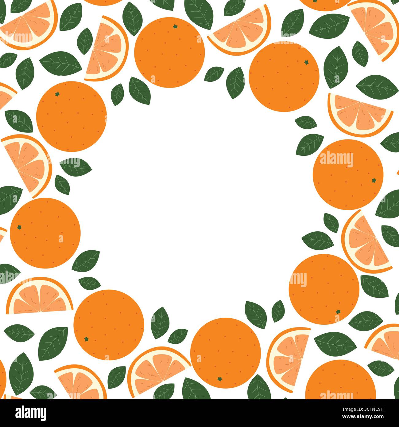 Square frame of ripe oranges and foliage. Exotic fruit citrus template ...