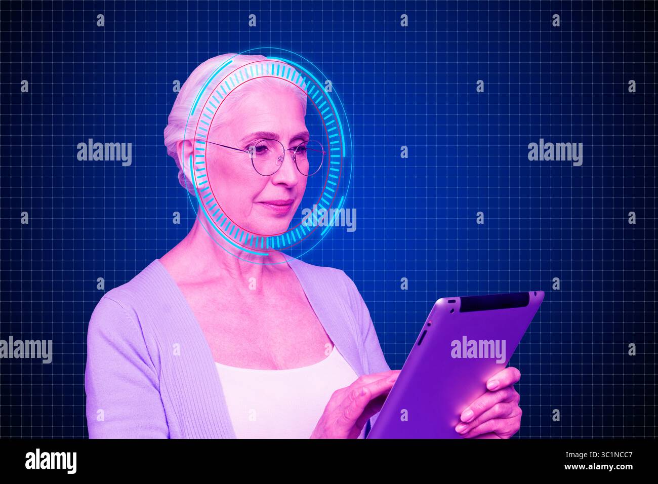 Banner creative art collage of serious old woman surf tablet face id ...