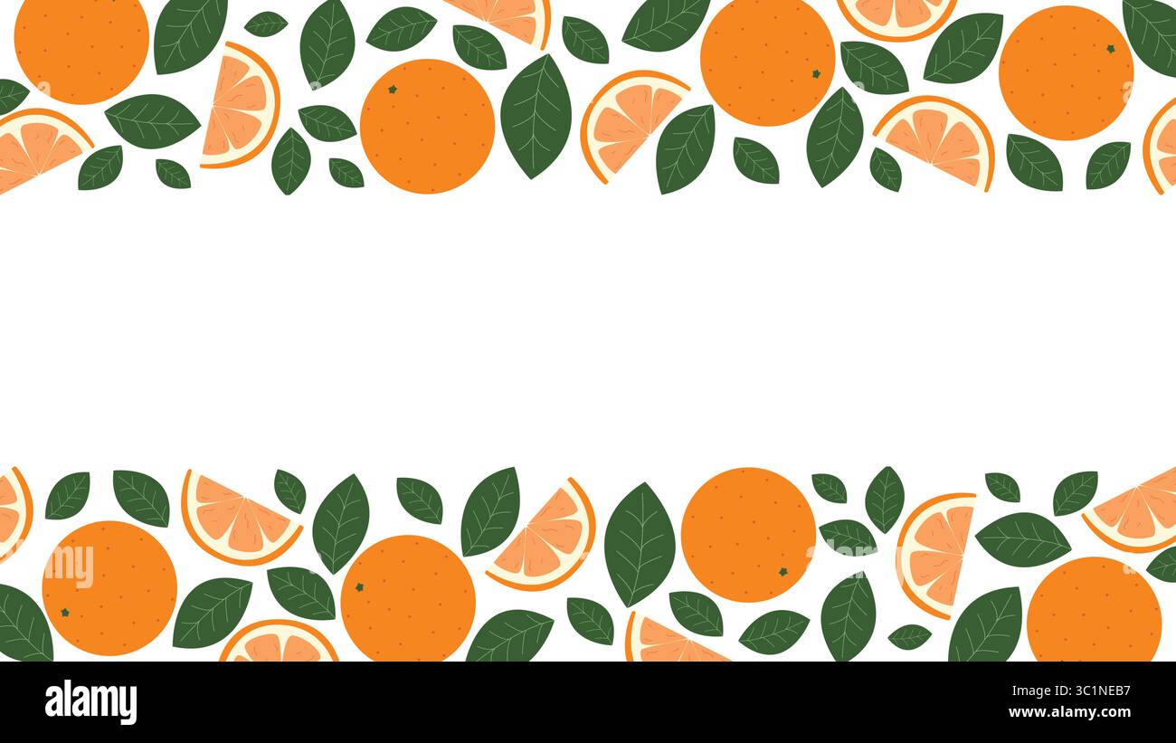 Horizontal template with juicy oranges and leaves. Background with ...