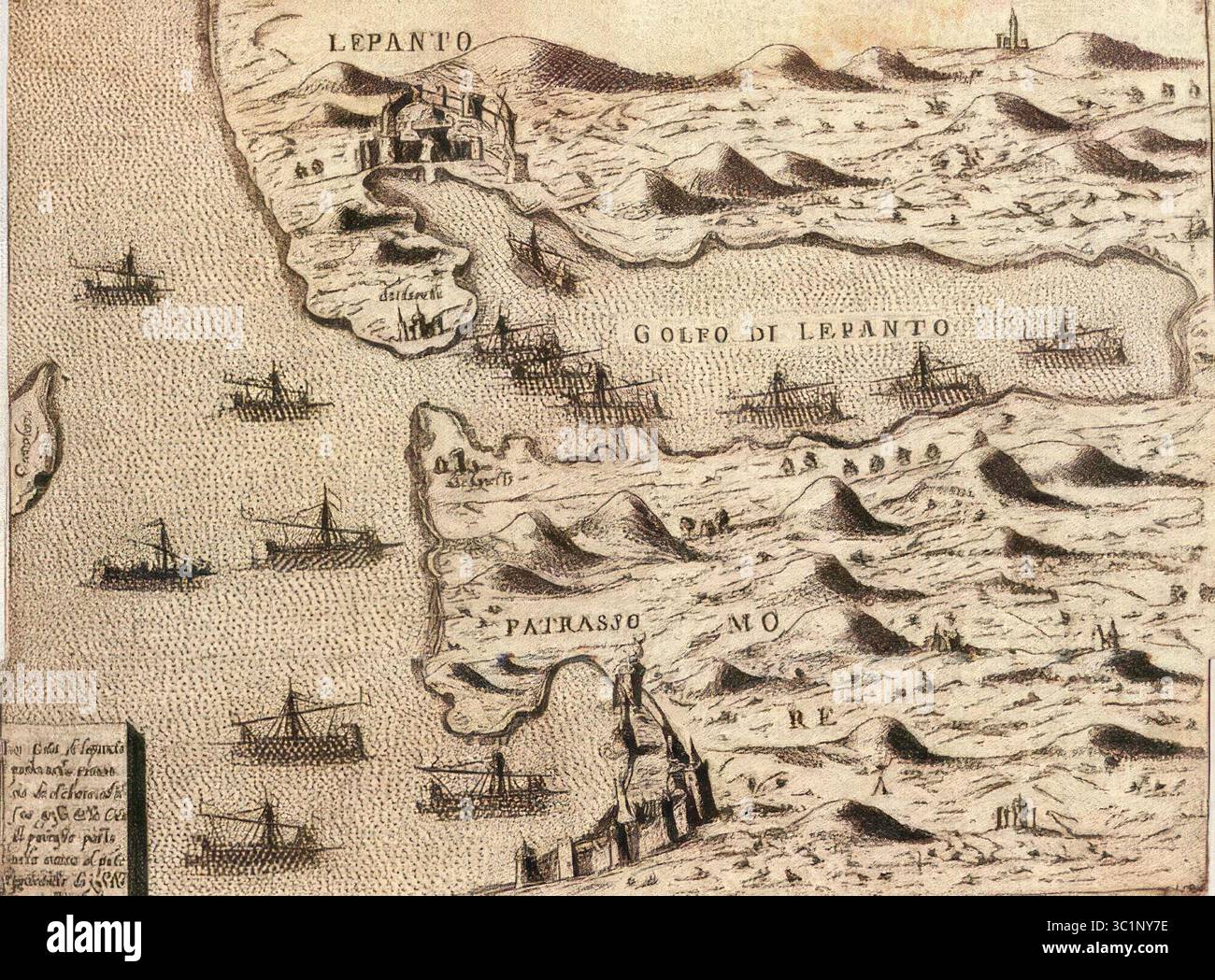 Battle of Lepanto, naval warfare in the 16th century. Italian engraving ...