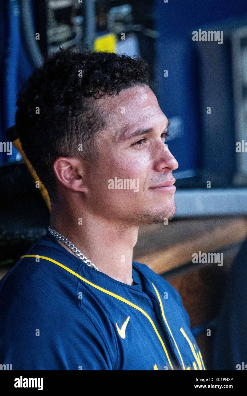 Milwaukee Brewers left fielder Isaac Collins (6) in the eighth inning ...