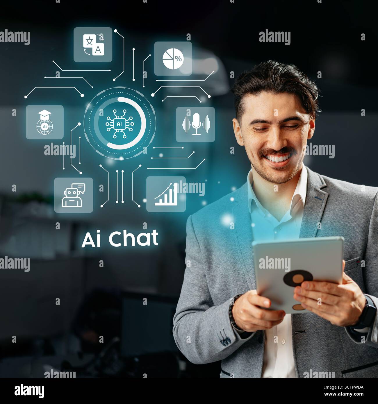 Professional man engages with AI chat technology in a modern office ...