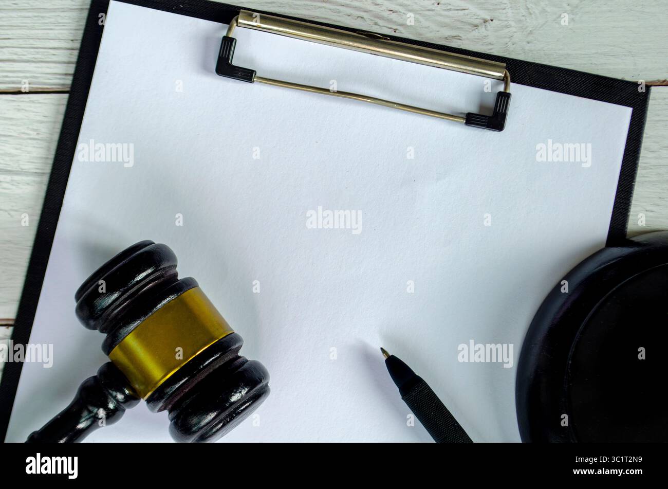 Top view of blank paper, pen and gavel with customizable space for text ...