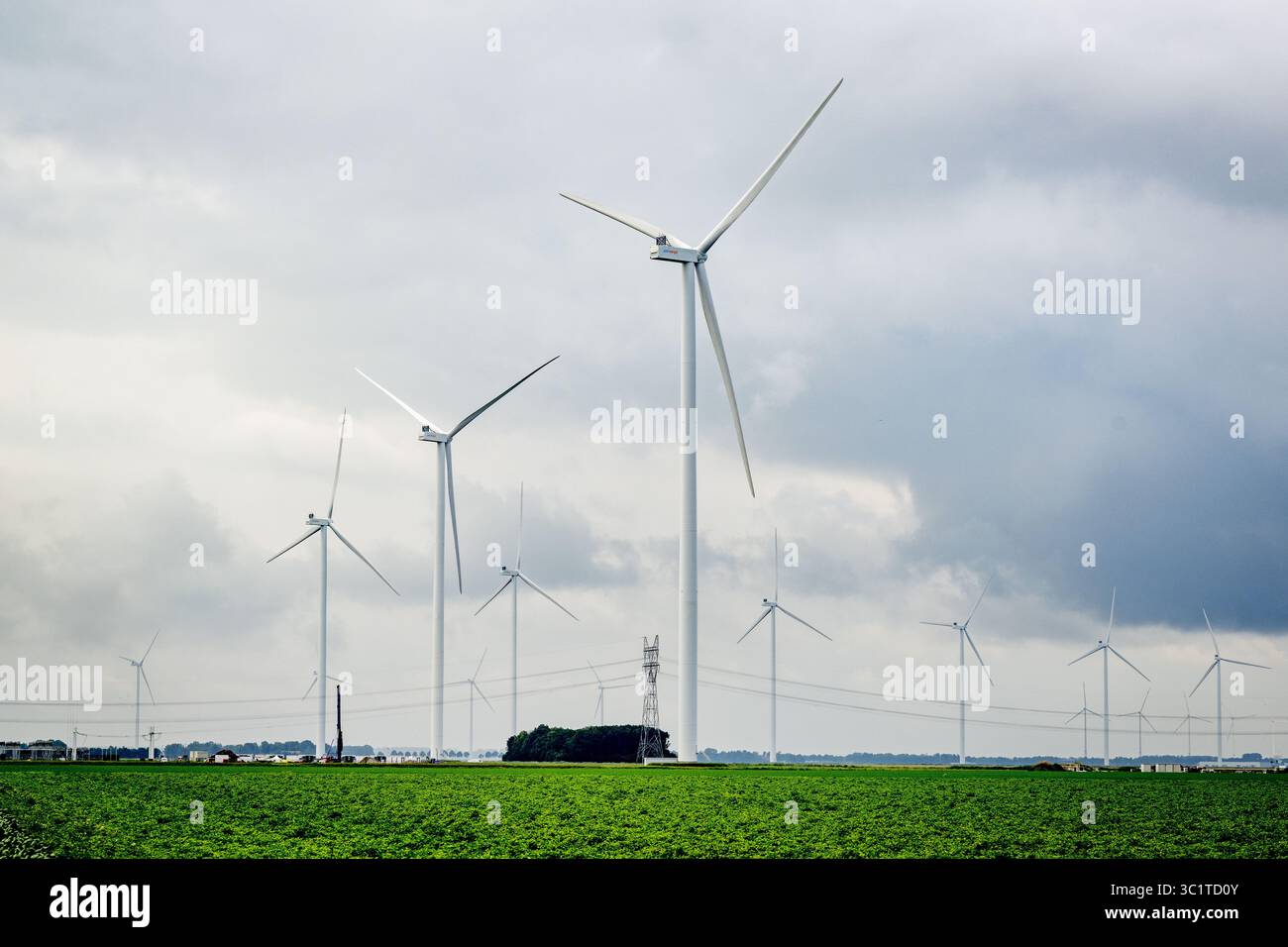 DRONTEN - Windmills along the road and high-voltage pylons in the ...