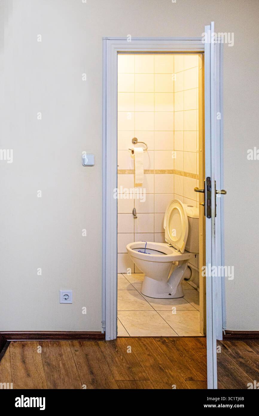 open white door to the toilet room with the light on, modern interior ...