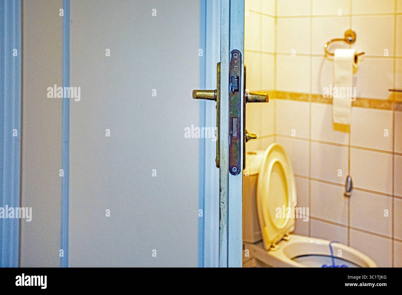 open white door to the toilet room with the light on, modern interior ...