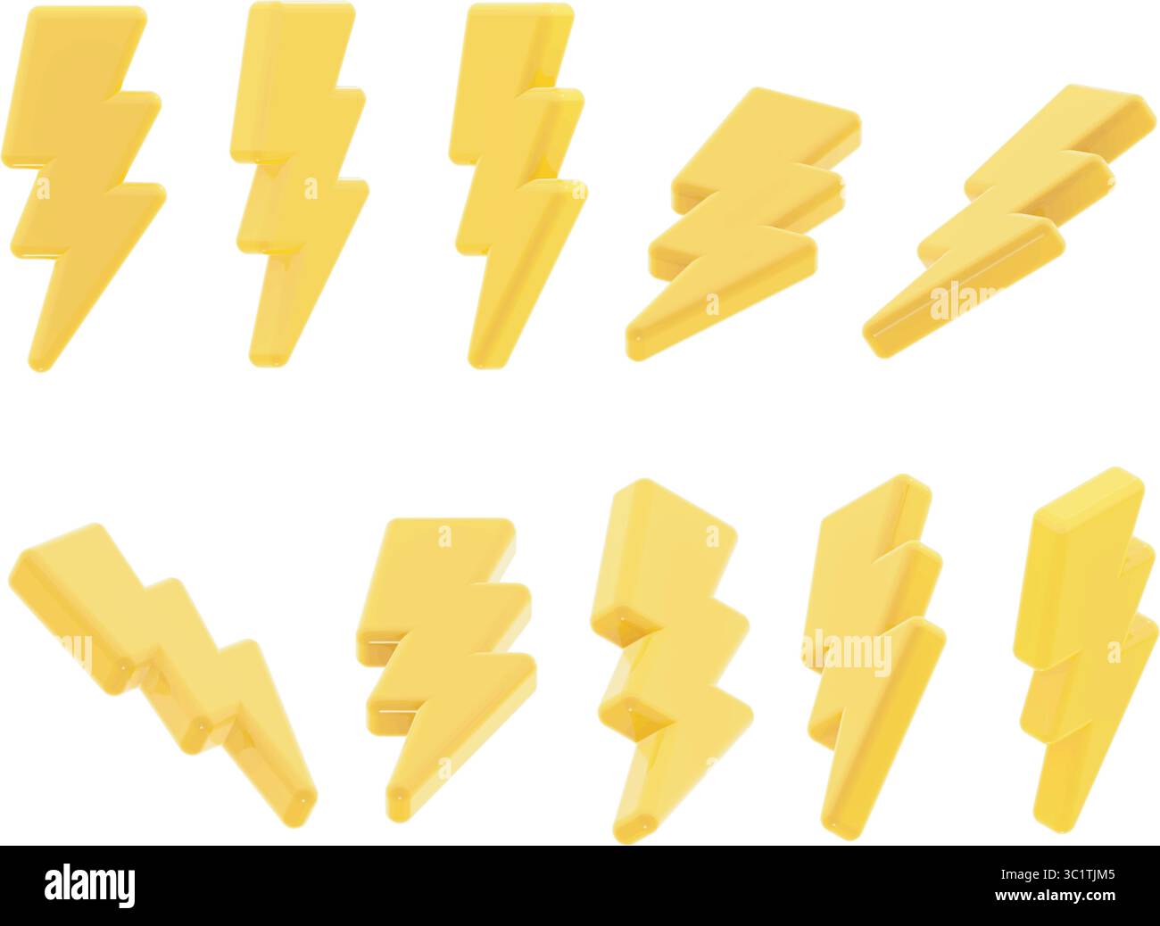 Set of 10 vector 3D rendering cartoon style lightning bolts, displayed ...