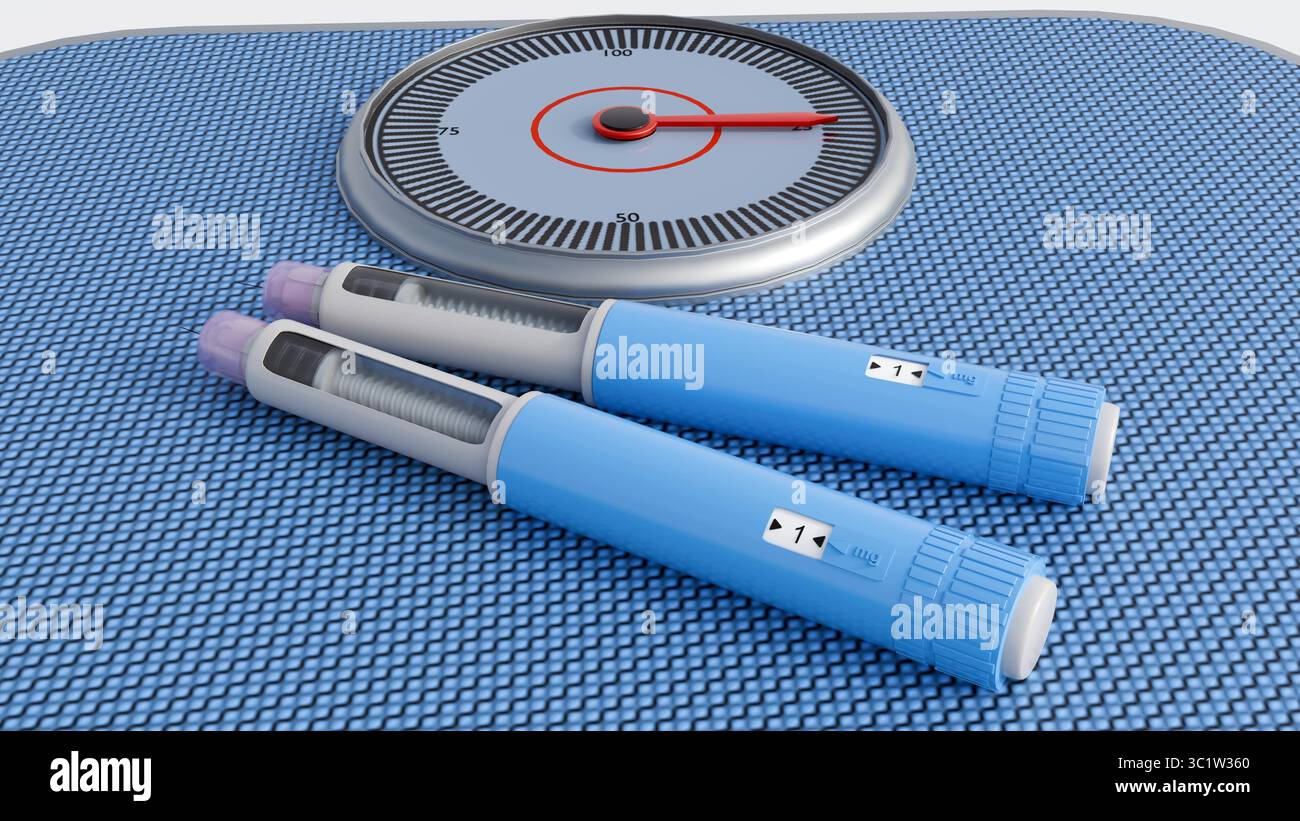 A 3d rendering of light blue medical injector pen and a bathroom scale ...