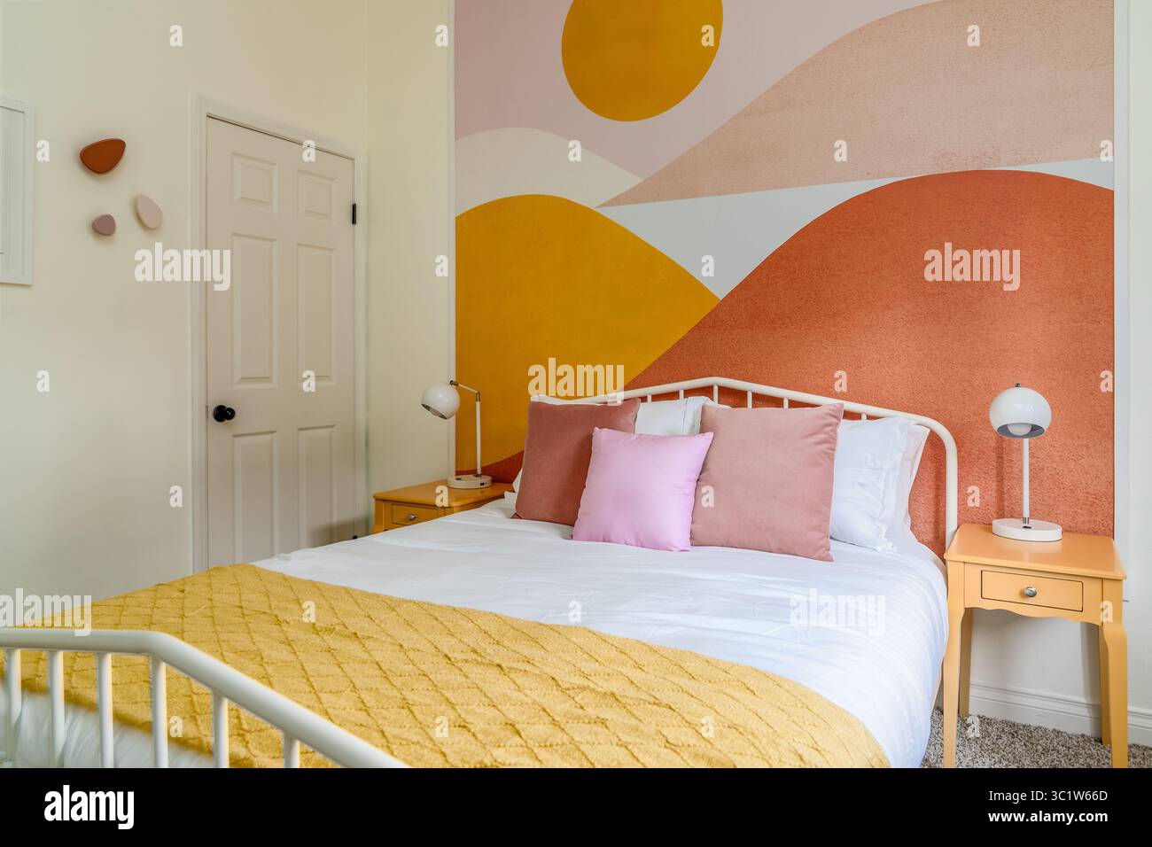 Desert modern boho chic colorful bedroom interior with bed side tables ...
