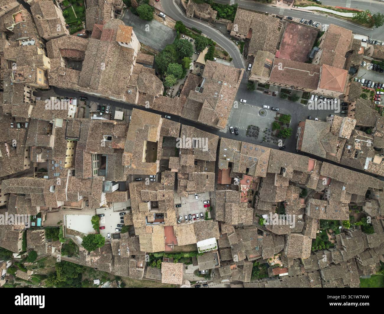 Aerial view of the ancient rooftops and narrow streets of Spello, with ...