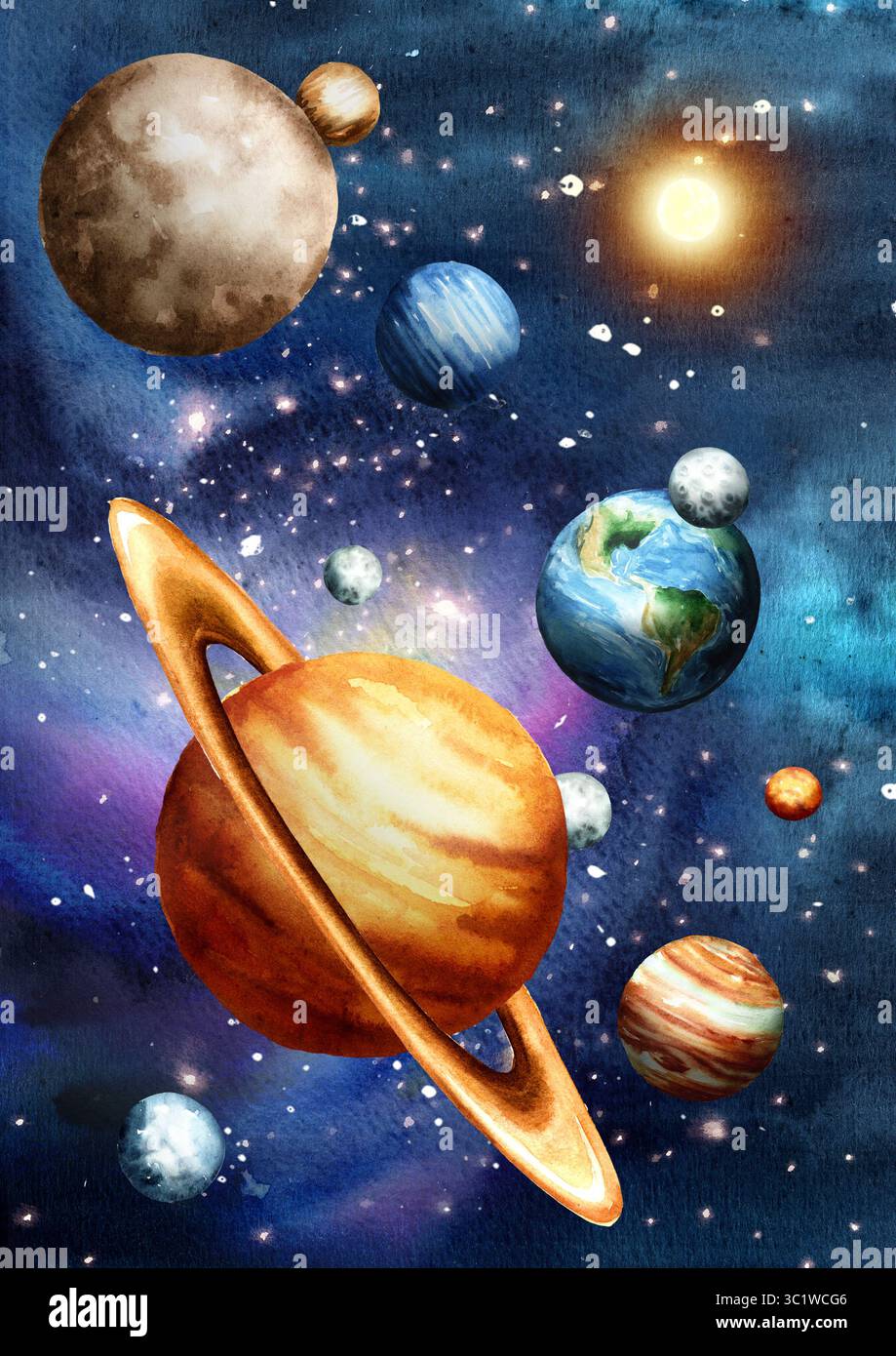 Planets of the Solar system , Hand drawn watercolor illustration Stock ...