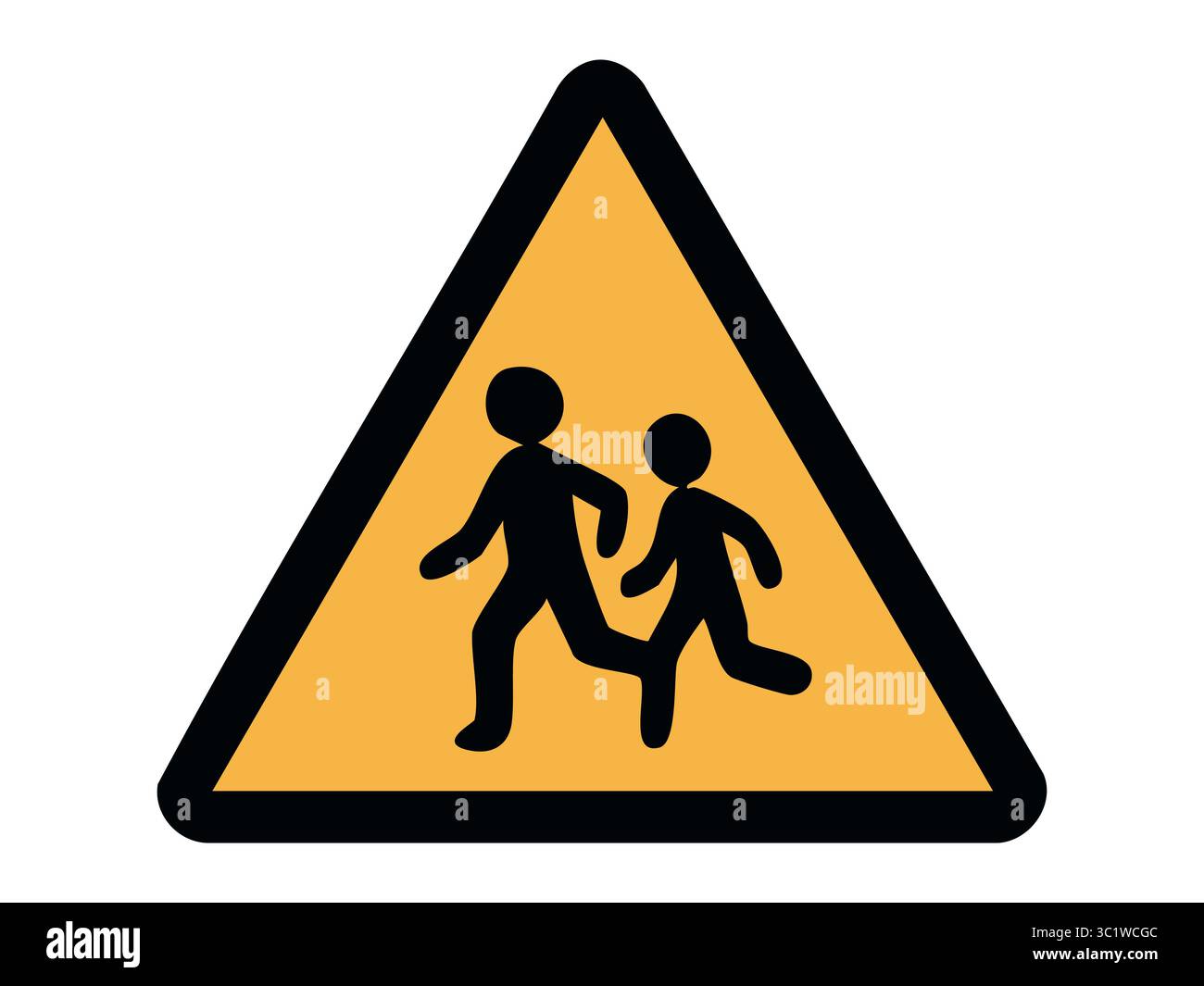 Warning road sign with two walking children inside yellow triangle ...