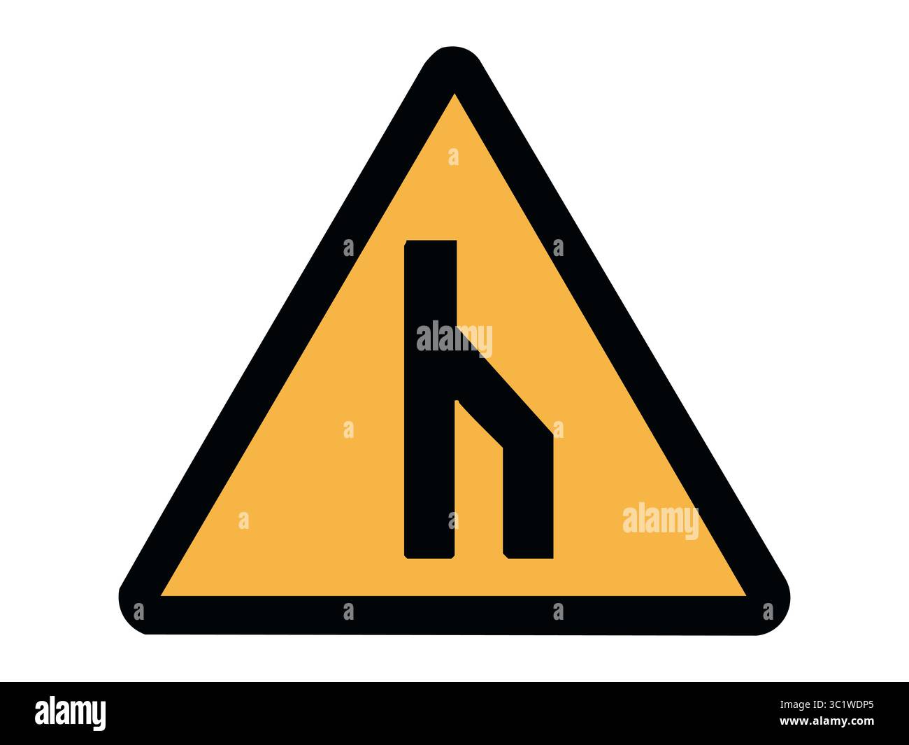 Warning road sign with lane merging from right inside yellow triangle ...