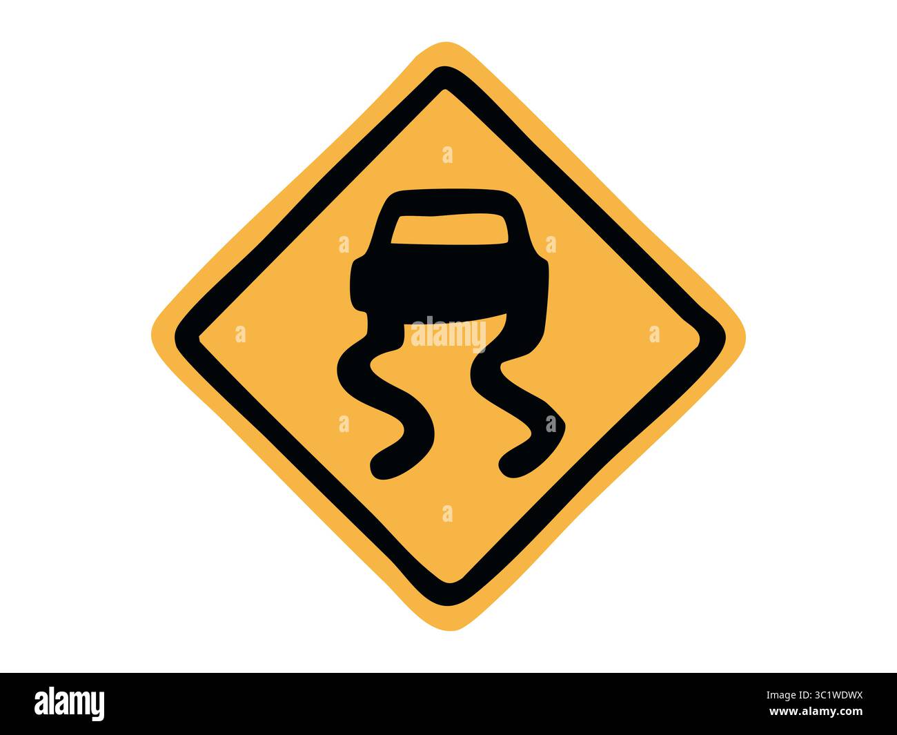 Slippery road warning sign with car and skid marks inside yellow ...