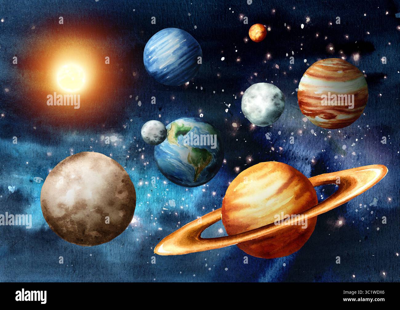 Planets of the Solar system, Hand drawn watercolor illustration Stock ...