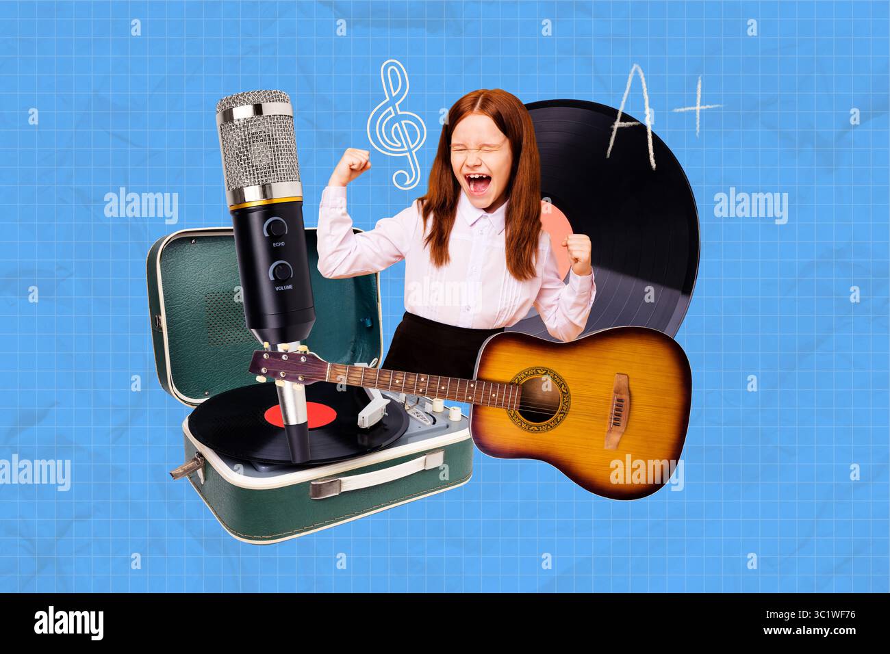 Art sketch image vertical collage of happy pretty schoolgirl sing ...