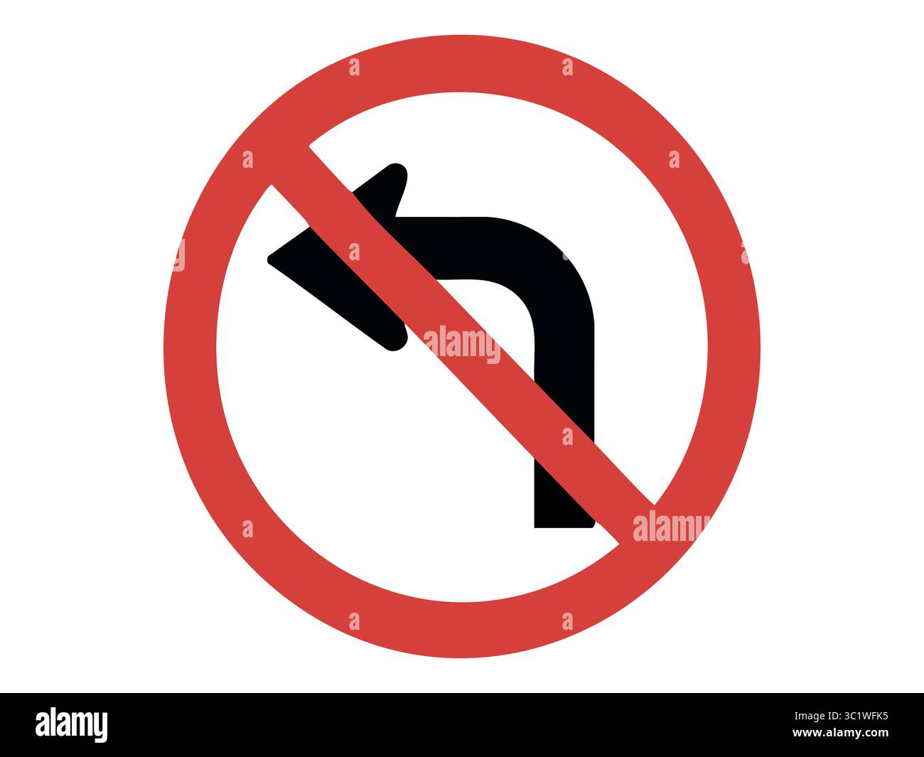 Prohibition road sign with black left turn arrow and red circle ...