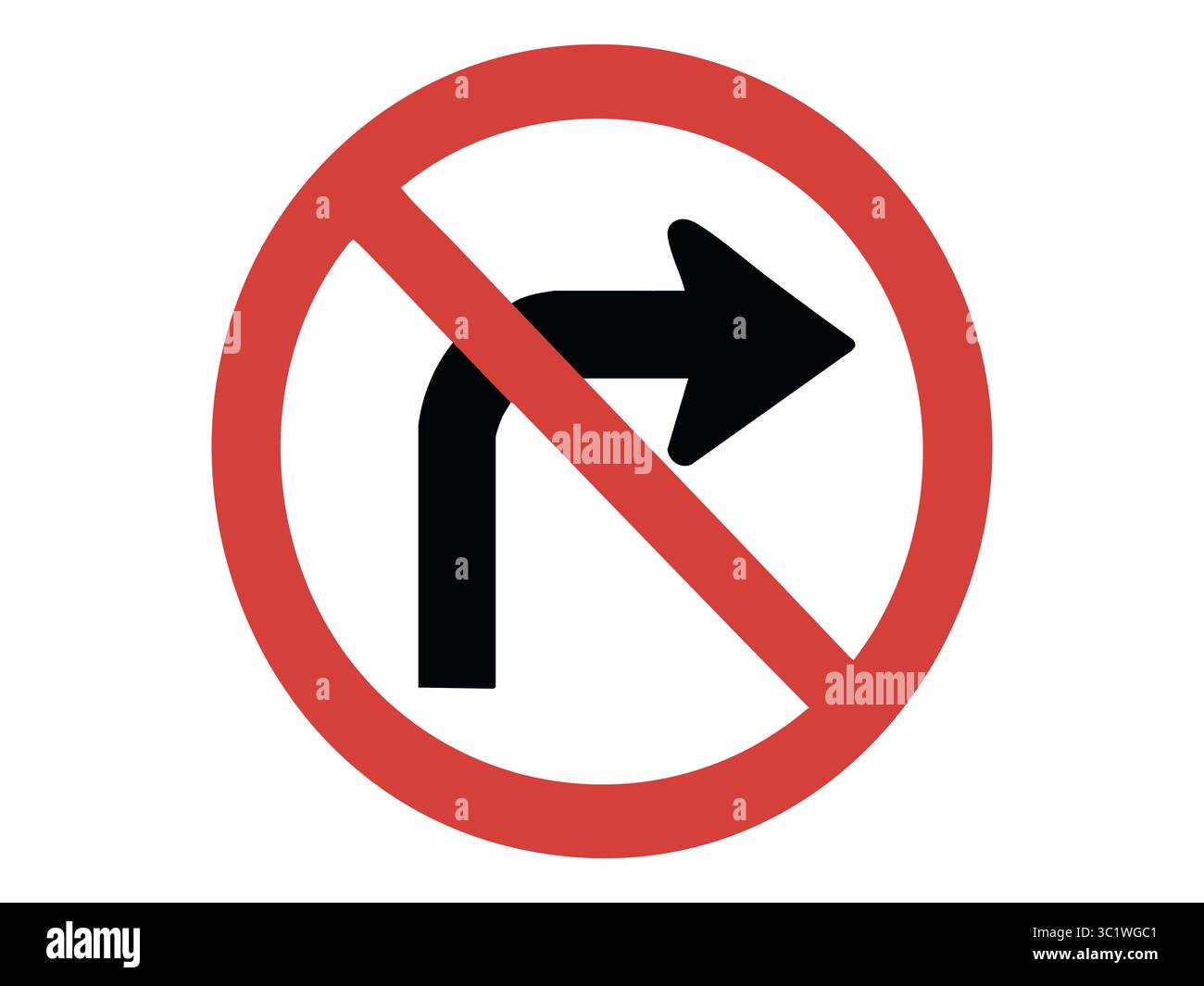 No right turn traffic sign with black arrow crossed by red circle ...