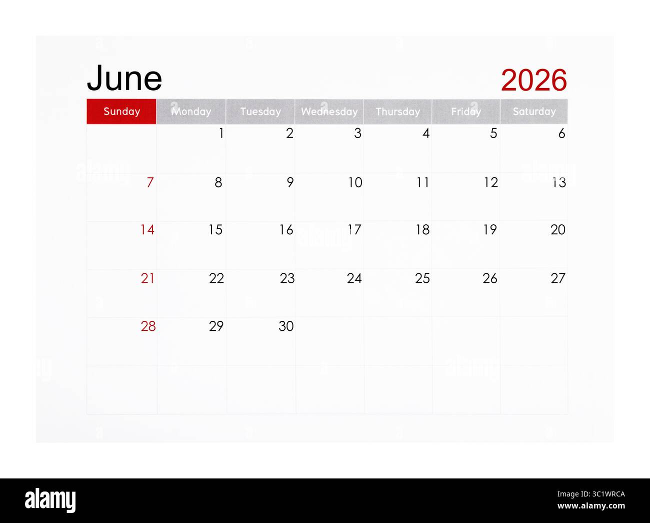 June 2026 monthly calendar page isolated on white background Stock ...