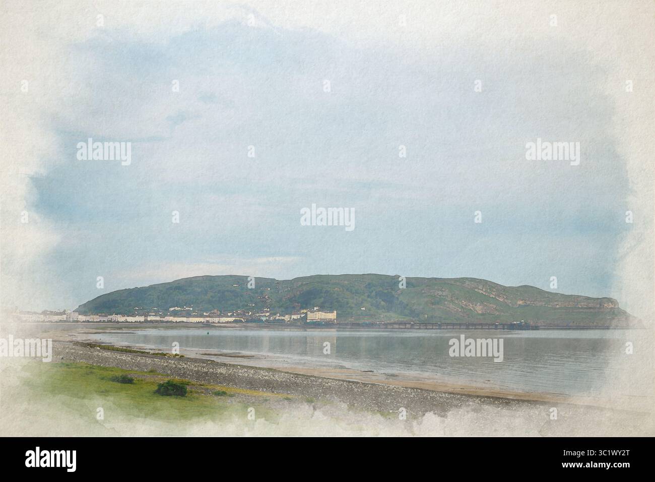 A digital watercolour painting of the Great Orme and Llandudno seafront ...