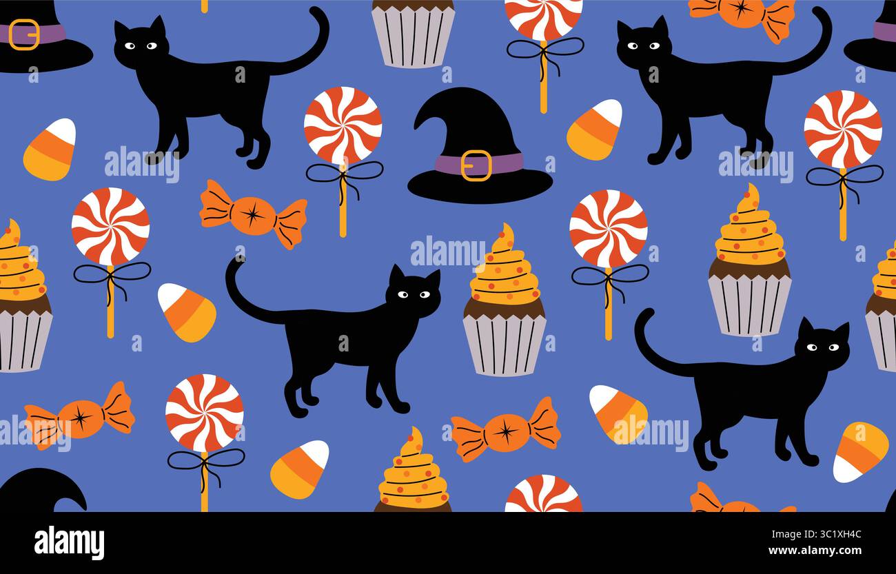 Cute Halloween seamless pattern with black cat, candies, cupcake, and ...