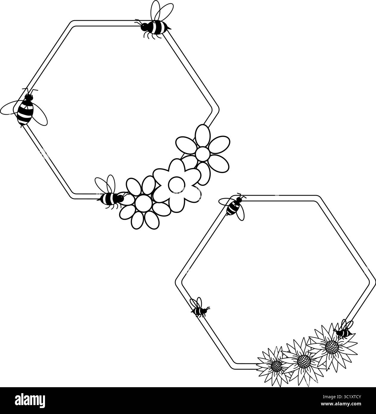 Black hexagon, honeycomb, bees Honey frame set. Vector graphic line ...