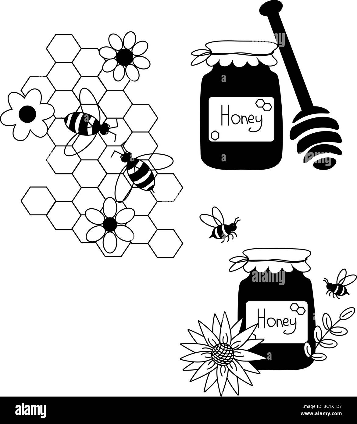 Elegant honey jar with bee and hexagon Honey composition set. Vector graphic line illustration ...