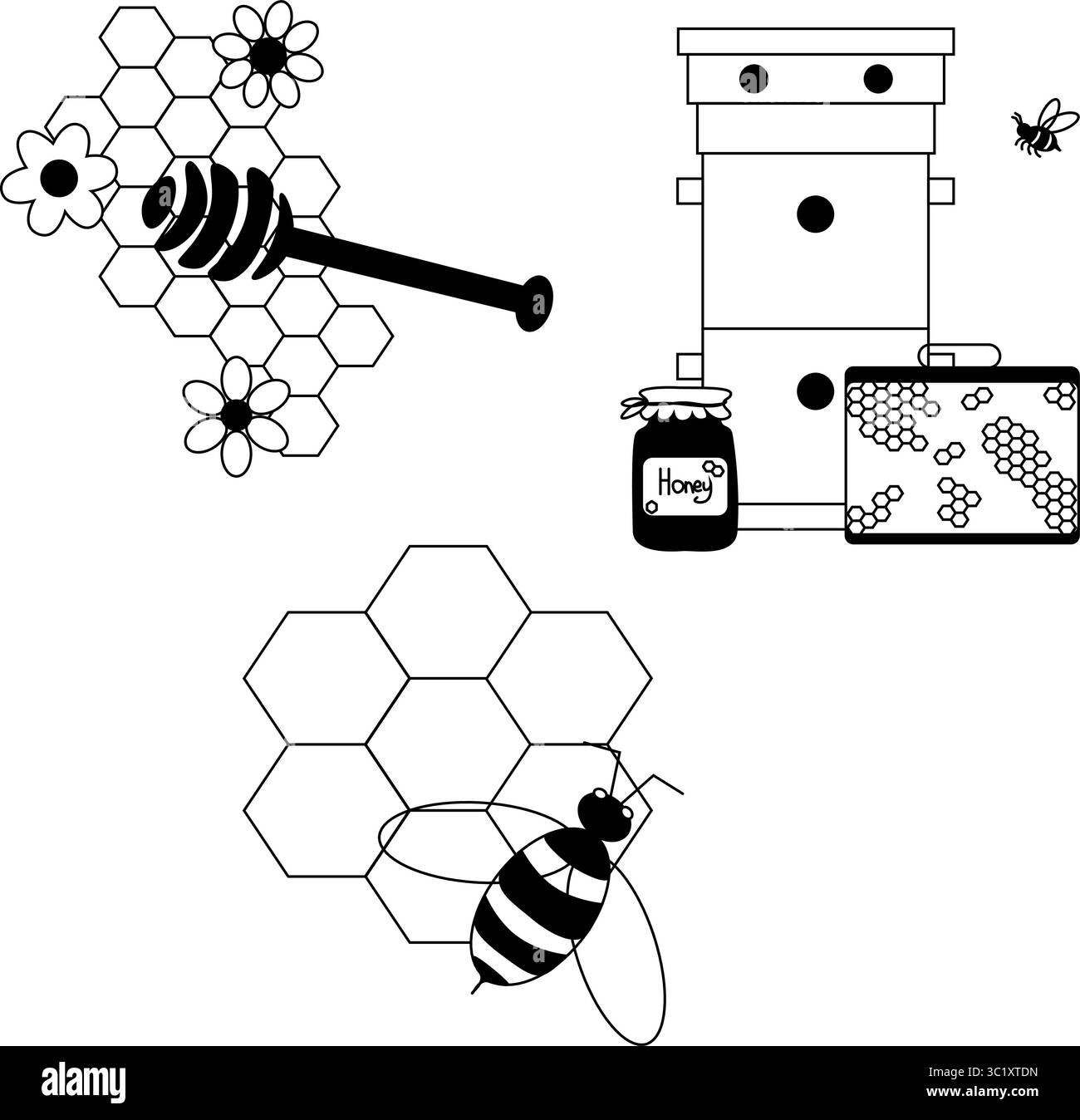 Honey jar, Bee, honeycomb Honey composition set. Vector graphic line ...