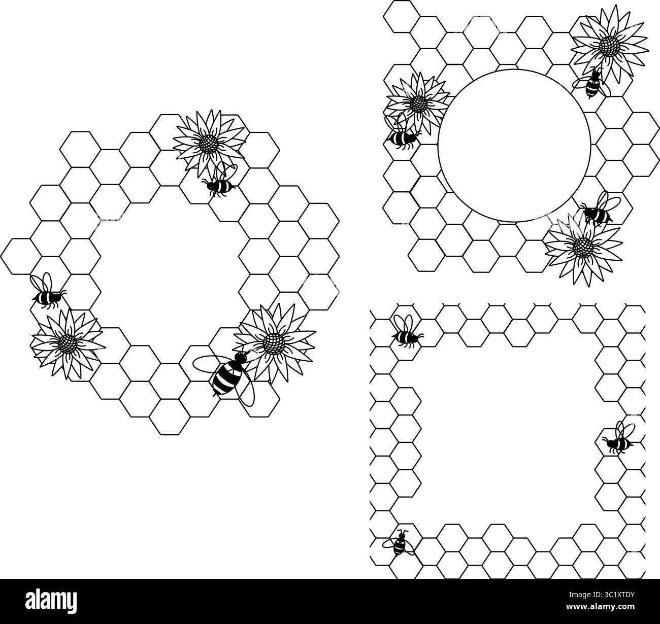 Honeycomb Honey circle round square frame set. Vector graphic line ...