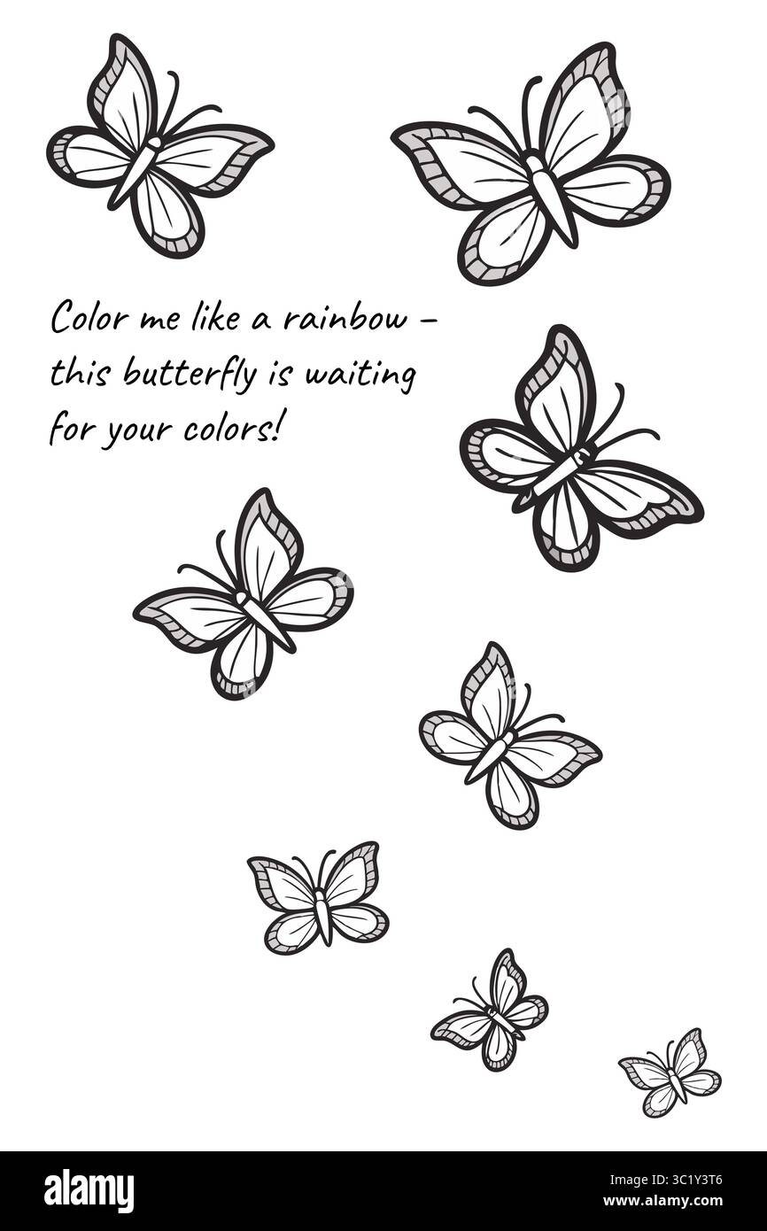 Black and white vector illustration with a group of butterflies in ...
