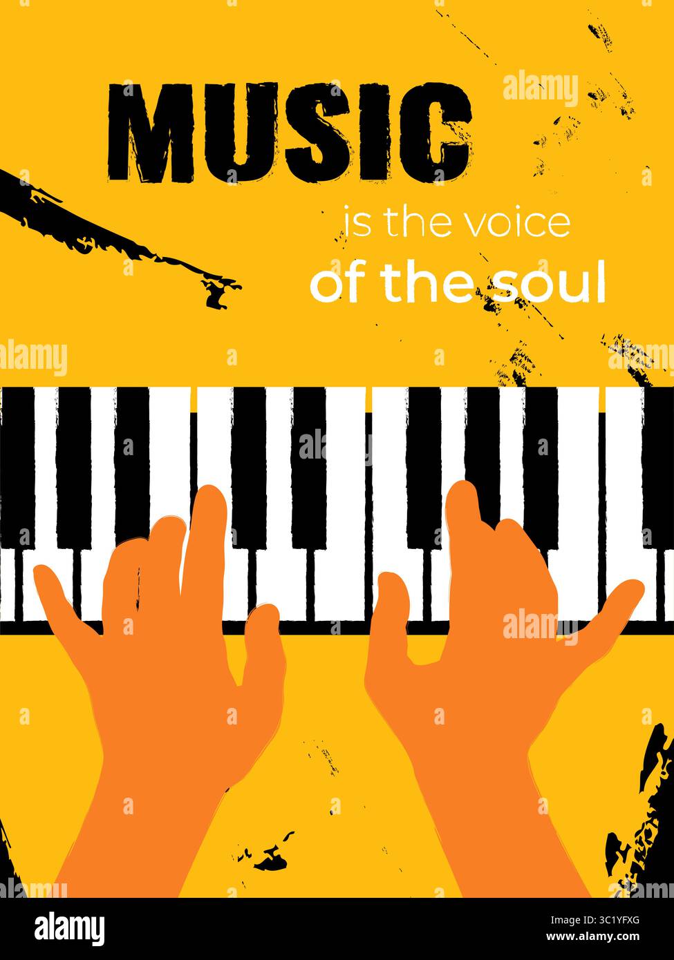 Vector music poster design with human hands playing the piano. Inspirational quote Music is the ...