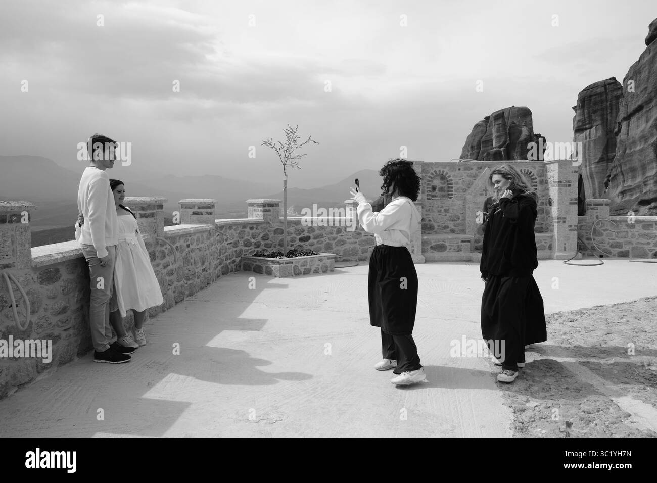Beautiful view monastery meteora Black and White Stock Photos & Images ...