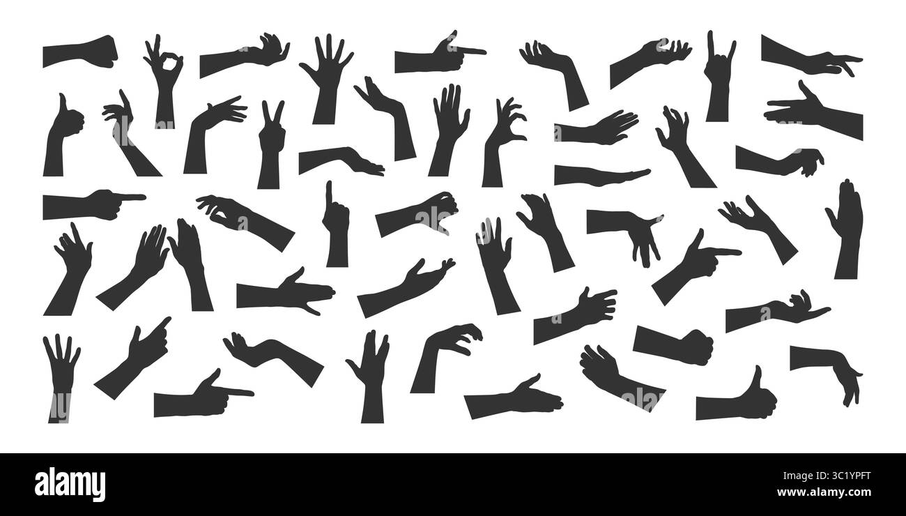 Hand gesturing silhouettes. Set of different hand gestures. Vector ...