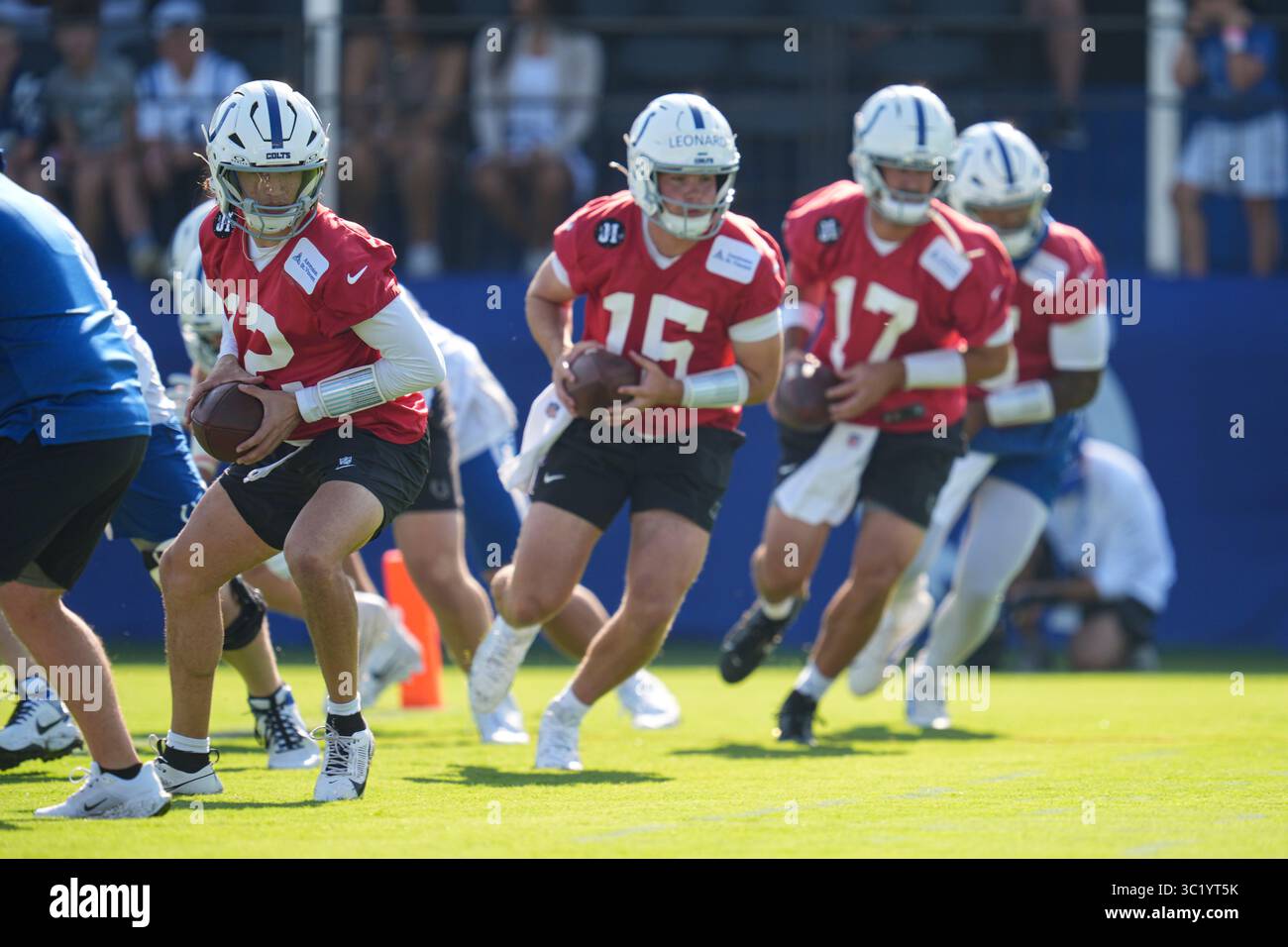 Indianapolis Colts quarterbacks Jason Bean (12), Riley Leonard (15 ...