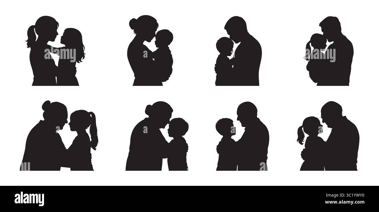 Set of adult and child black silhouettes hugging each other on white ...