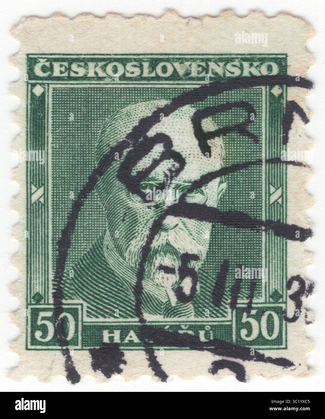 CZECHOSLOVAKIA - 1930 January 2: 50 haléř myrtle green postage stamp ...