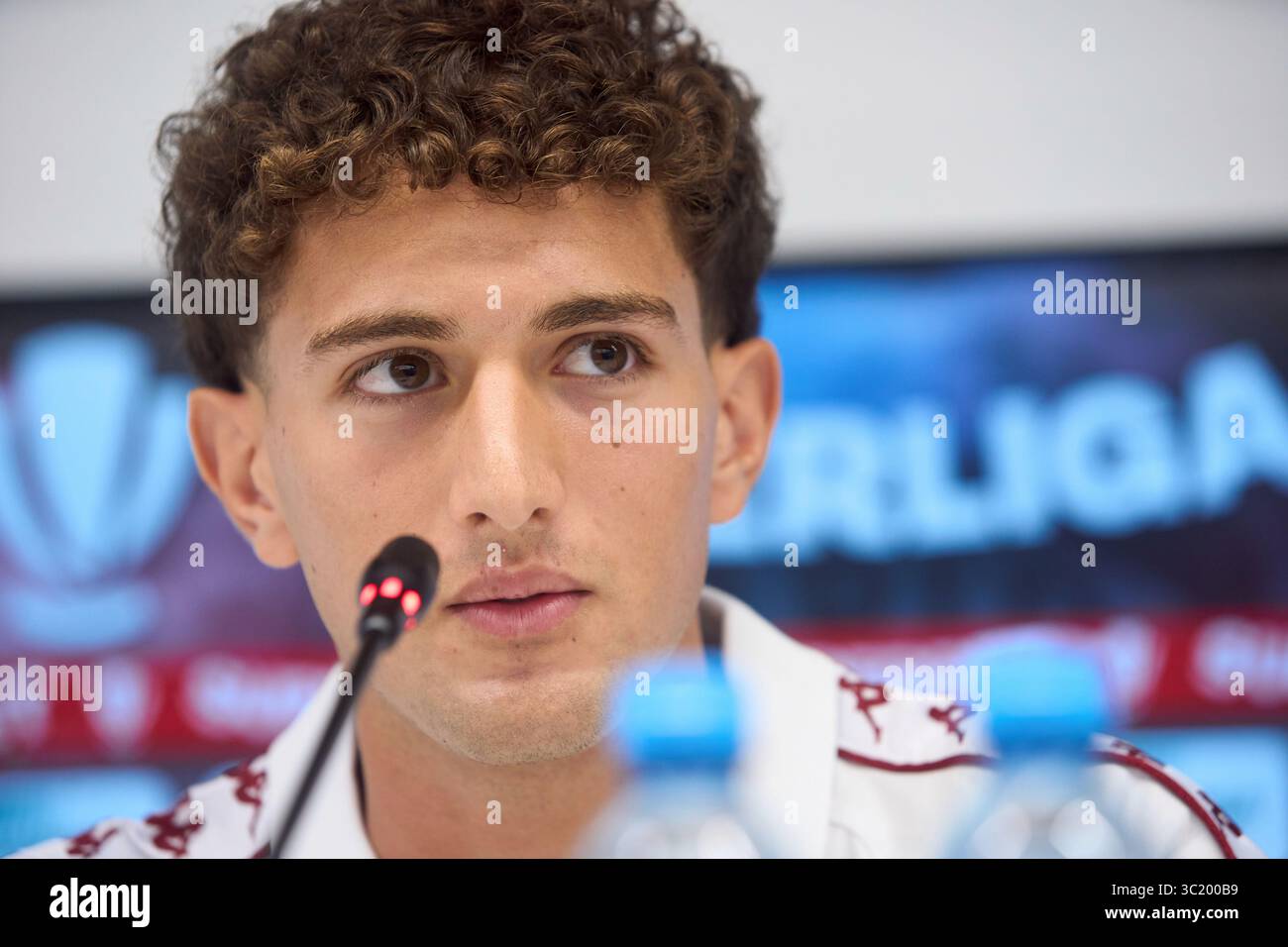 Bucharest, Romania. 23rd July, 2025: Omar El Sawy, Rapid midfielder, speaks during a pre-match ...