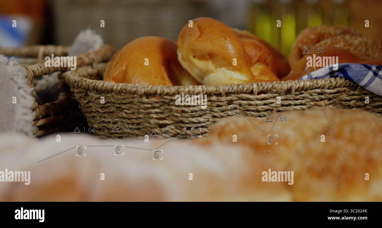Displaying wicker baskets featuring golden-brown bread rolls on market ...