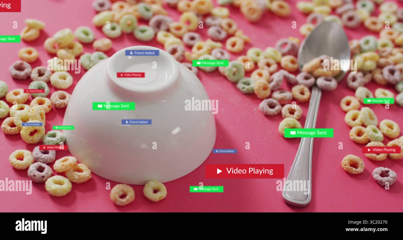 Floating labels swirling around white bowl on pink surface with spoon ...