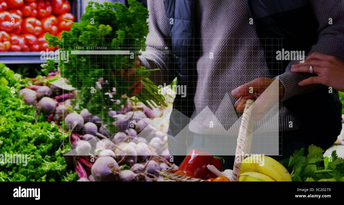 Selecting couple examining fresh produce at grocery store, with wicker ...