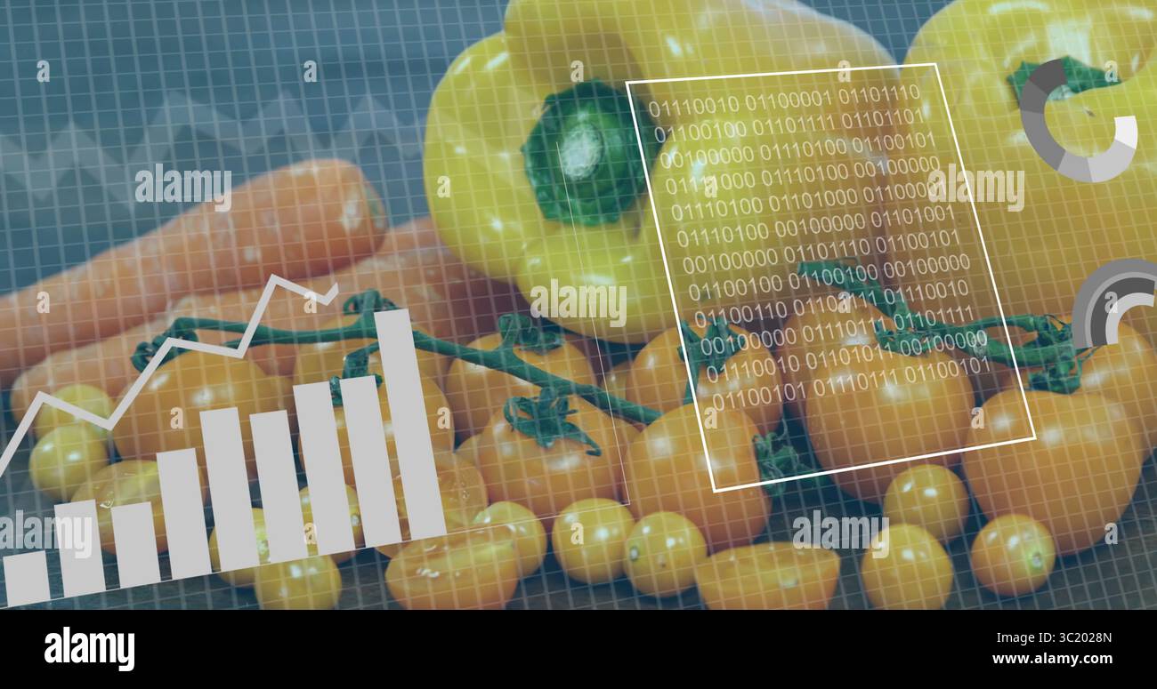 Displaying yellow bell pepper and tomatoes in studio, with grid overlay ...