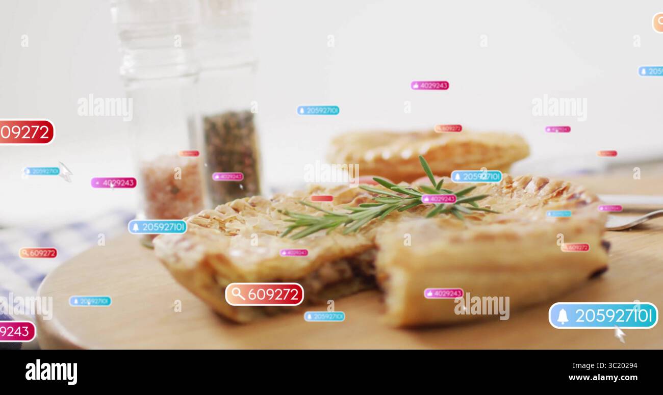 Displaying two golden-brown hand pies on cutting board in kitchen with ...