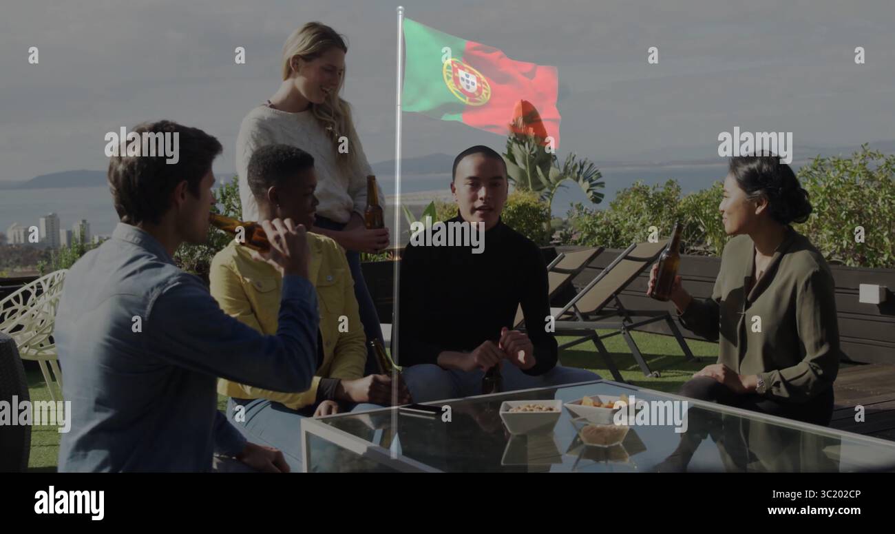 Socializing five friends sitting around coffee table with beers on ...