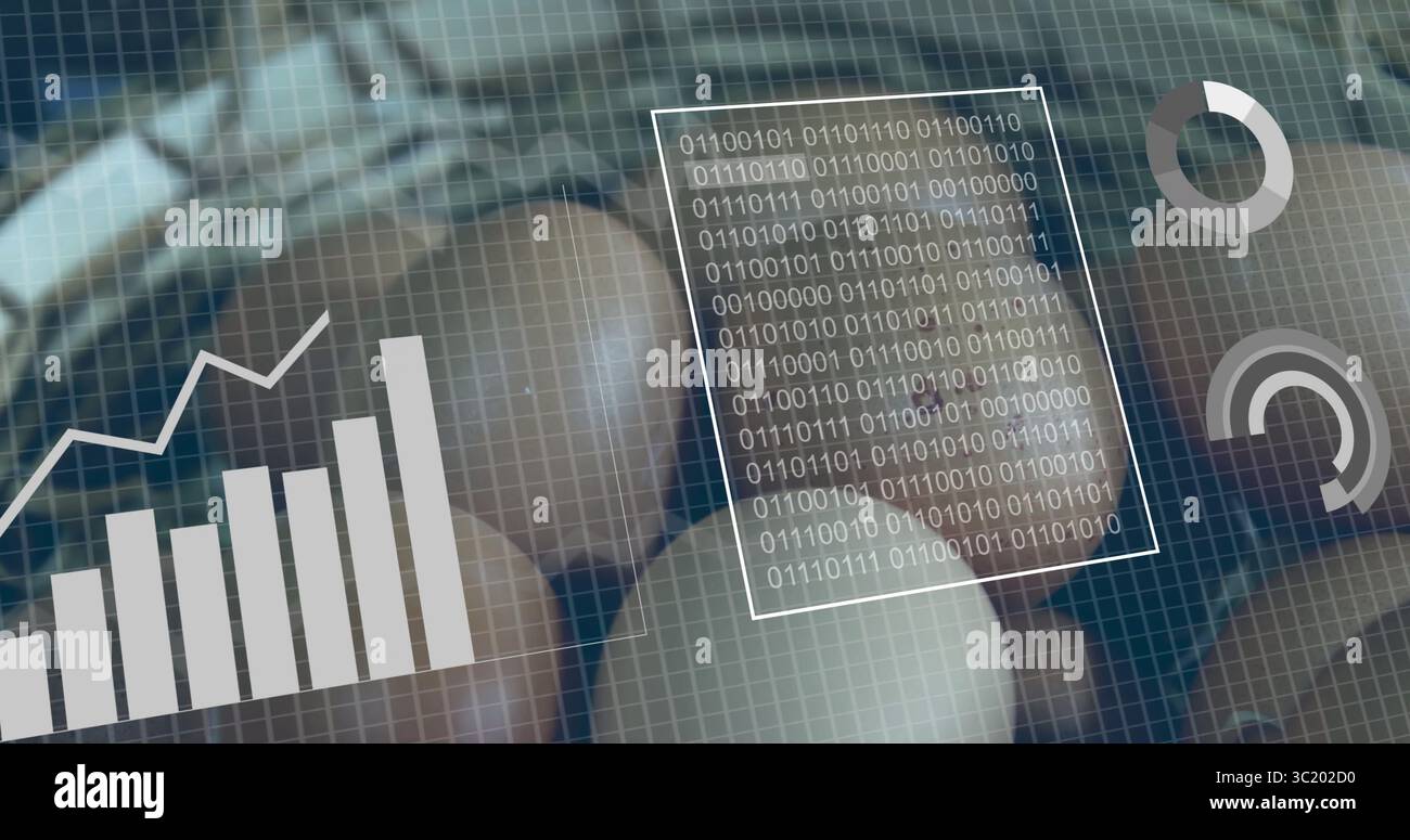 Displaying bar chart trend line, binary code panel and circular gauges on interface grid overlay ...