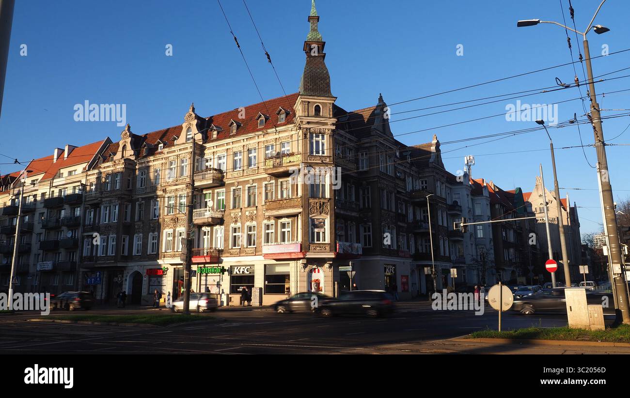 Historic Tenement Building and Spire Tower in Szczecin, Poland Stock ...