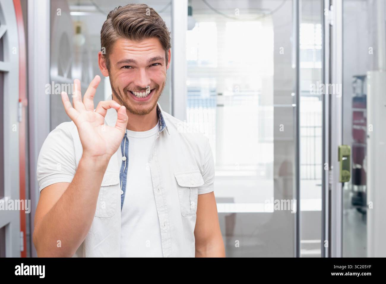 Man standing before glass partition and sliding door in modern office ...
