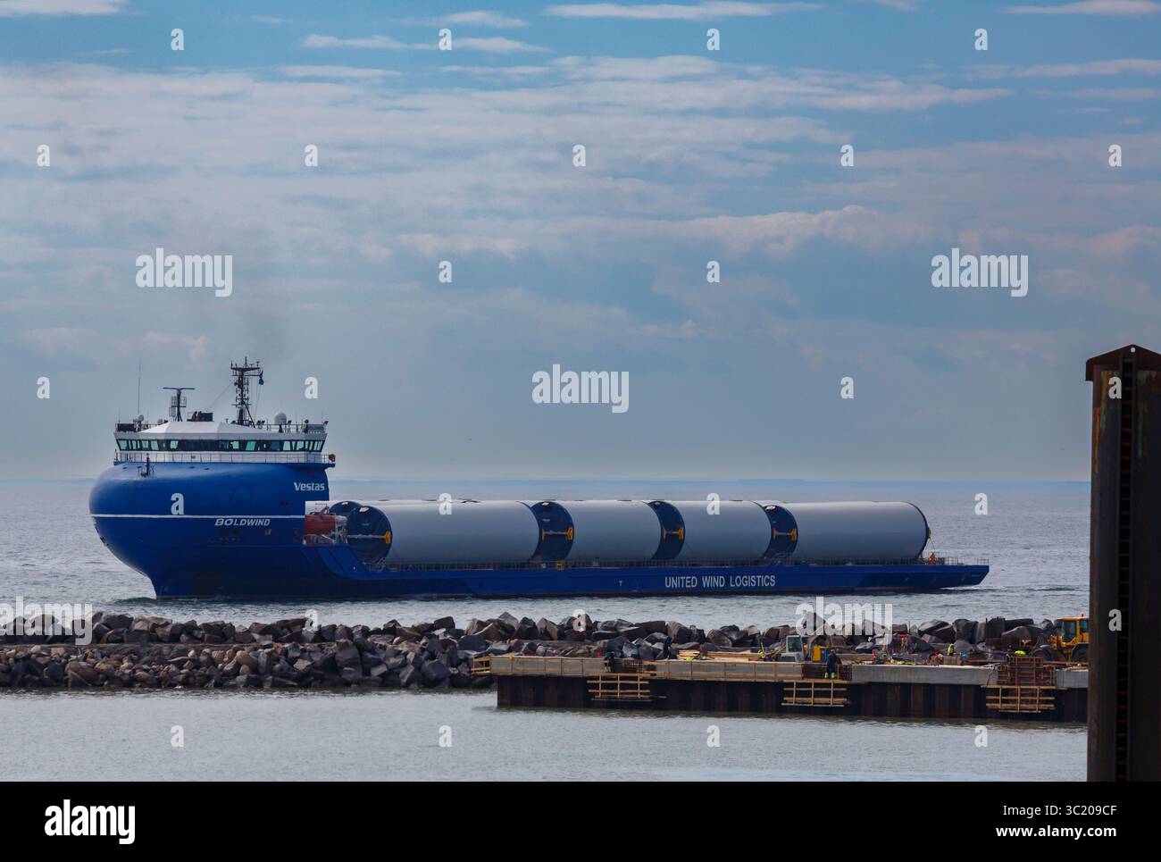 United Wind Logistics ship carrying wind turbine parts to the docks at Ronne, Bornholm Island ...
