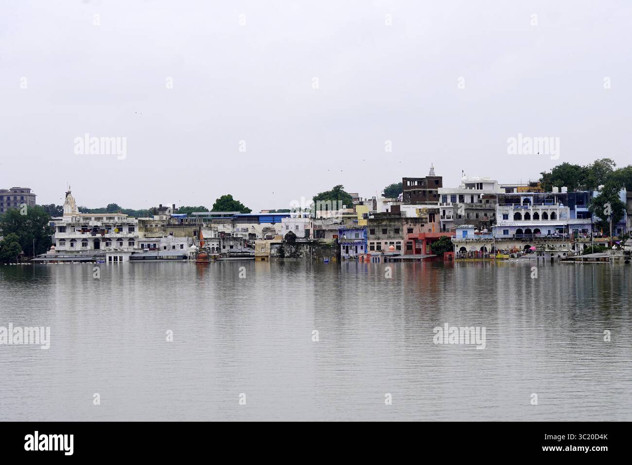 View of Holy Pushkar Ghats submerged in the swollen lake of Pushkar ...