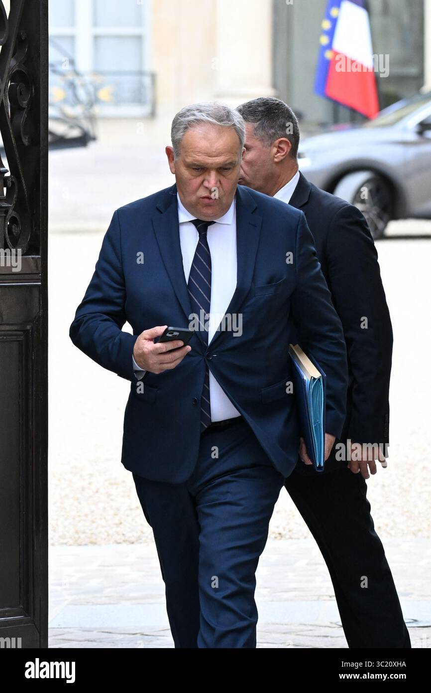 Francois Noel Buffet leave the Elysee Palace following a cabinet meeting on July 23, 2025 in ...